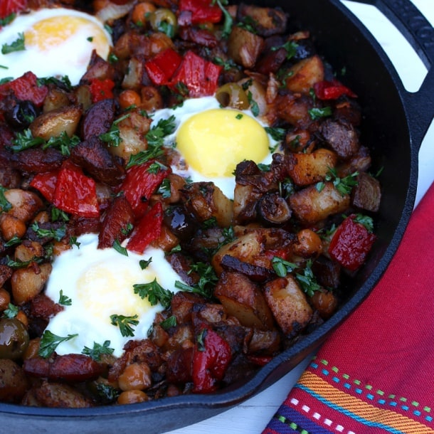 Portuguese Potato Hash with Linguica, Peppers & Olives - The Daring Gourmet